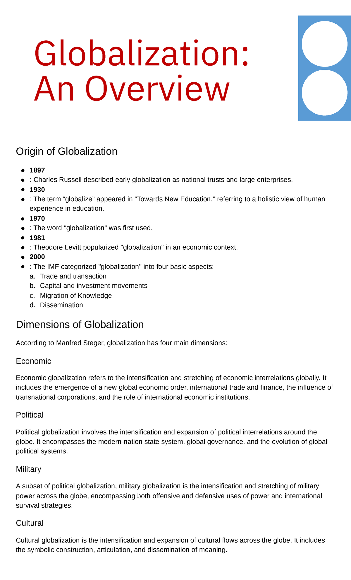 TCW - Reviewer - Origin of Globalization Dimensions of Globalization ...