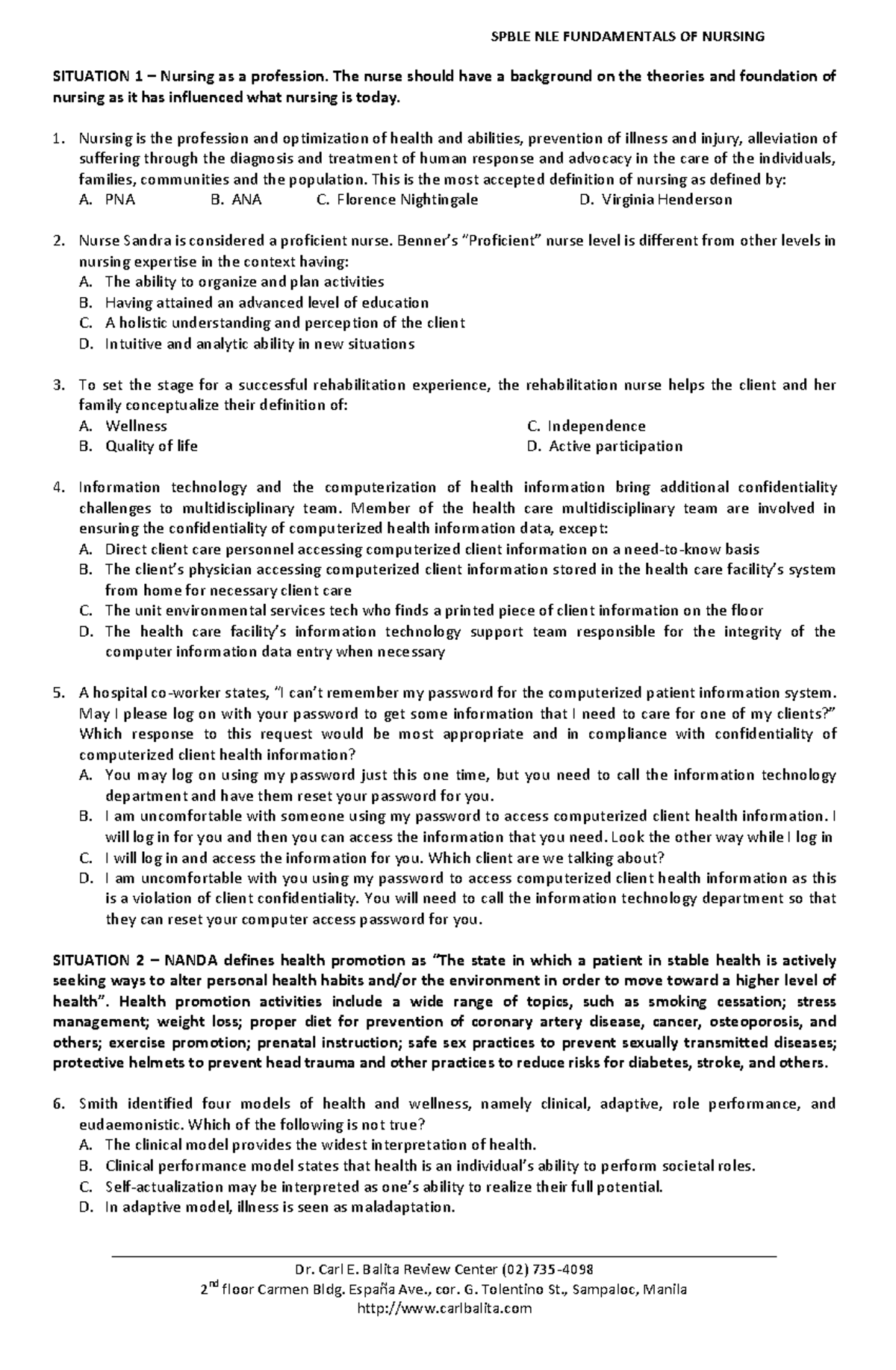 NLE Fundamentals of Nursing: Key Concepts and Situational Questions ...