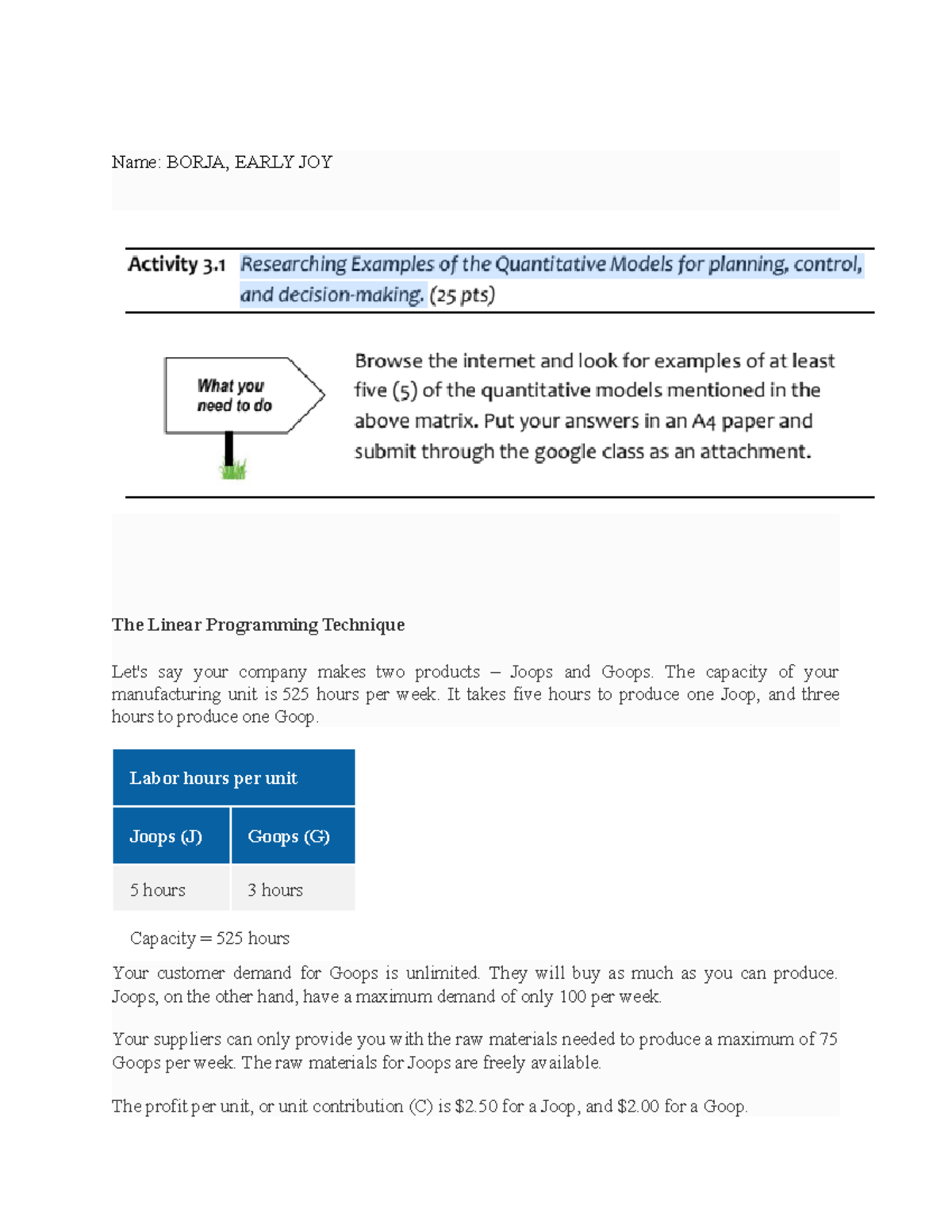 Module-3 Activity-3 - coursework - Name: BORJA, EARLY JOY The Linear Programming Technique Let's ...