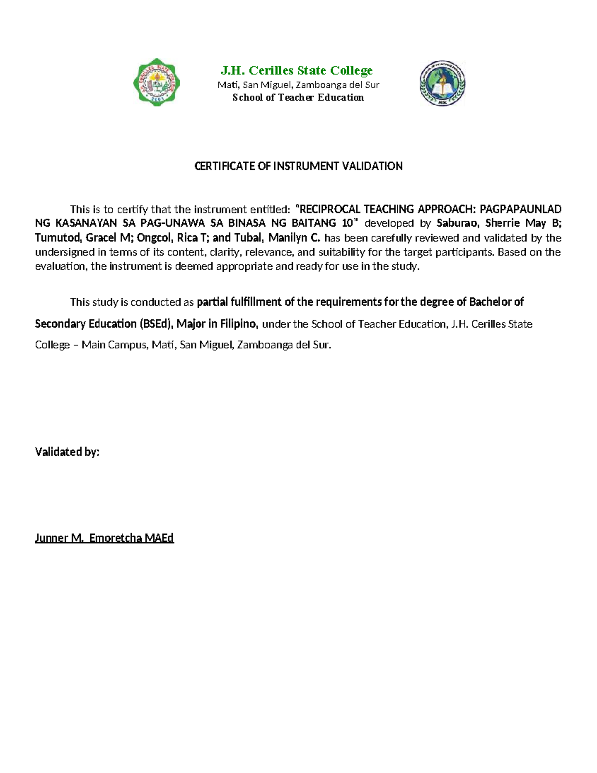 Certificate of Instrument Validation for BSEd Final Exam - Studocu