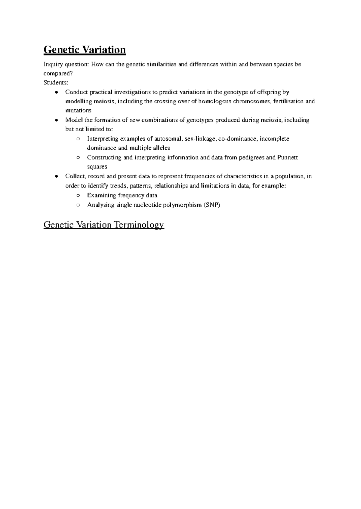 Biology Notes Year 12: Genetic Variation and Inheritance Concepts - Studocu