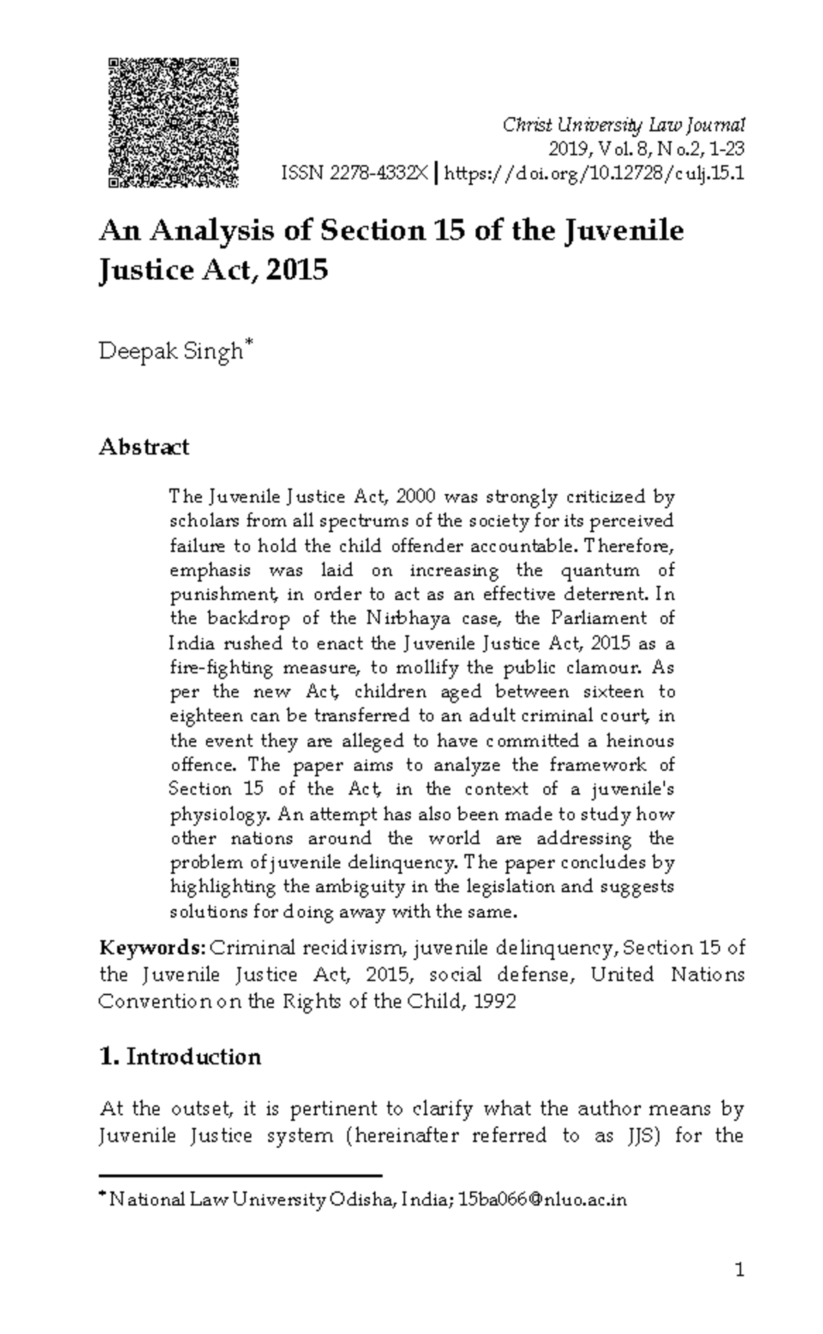Analysis of Section 15 in the Juvenile Justice Act 2015: A Study - Studocu