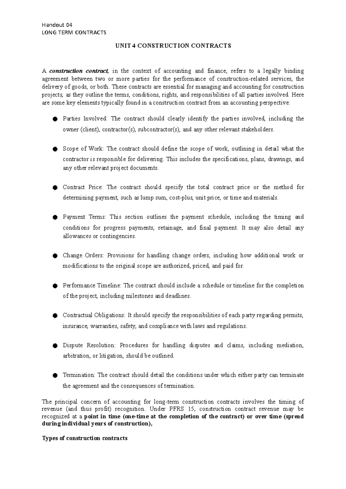 Long Term Construction Contracts Overview for Unit 4 (Course Code ...