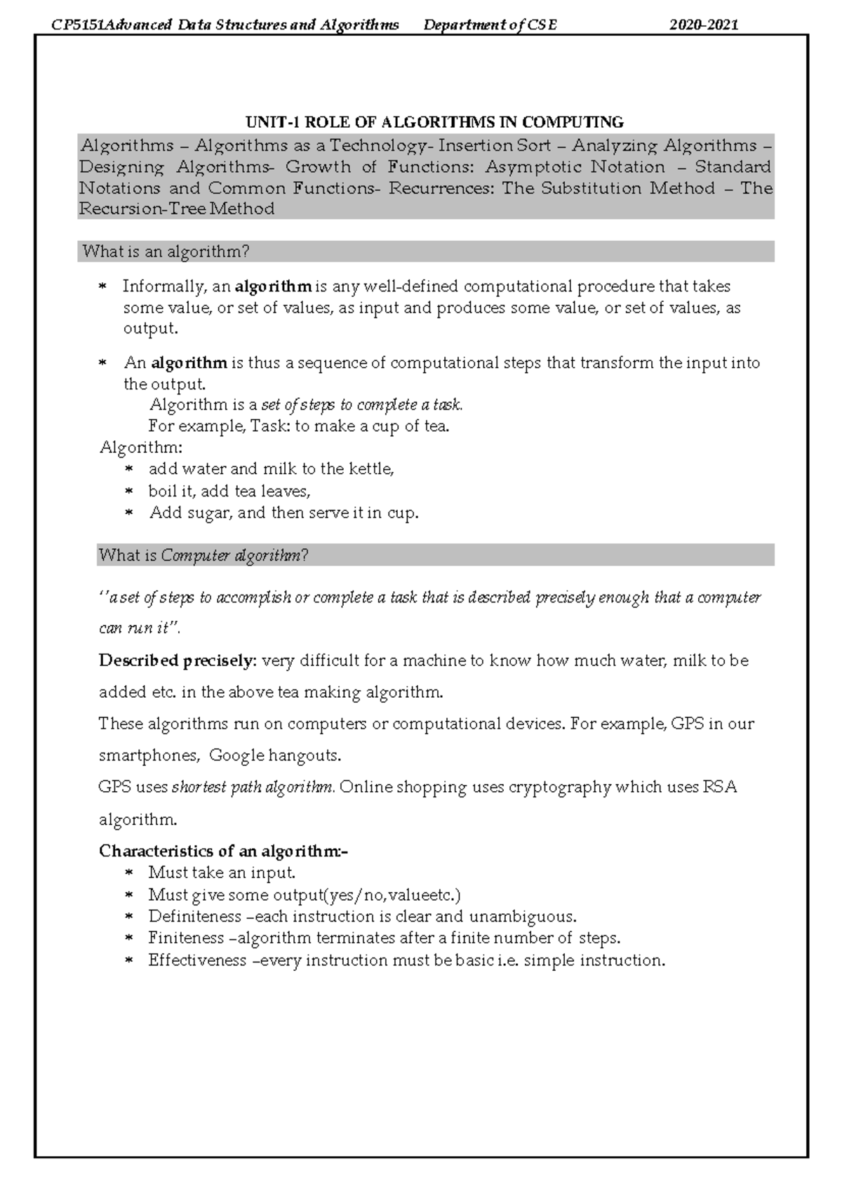 Notes Cp4154 Unit 1 Role Of Algorithms In Computing Algorithms