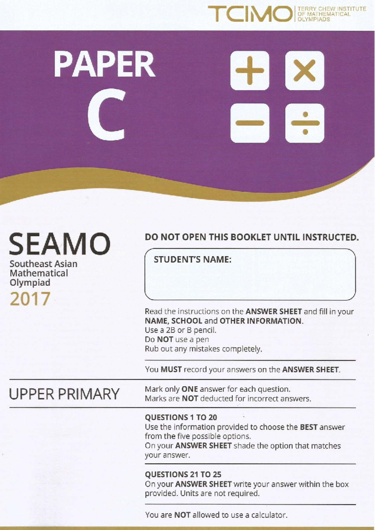 SEAMO 2017 Paper C - TCIMO Mathematical Olympiad Exam Instructions ...