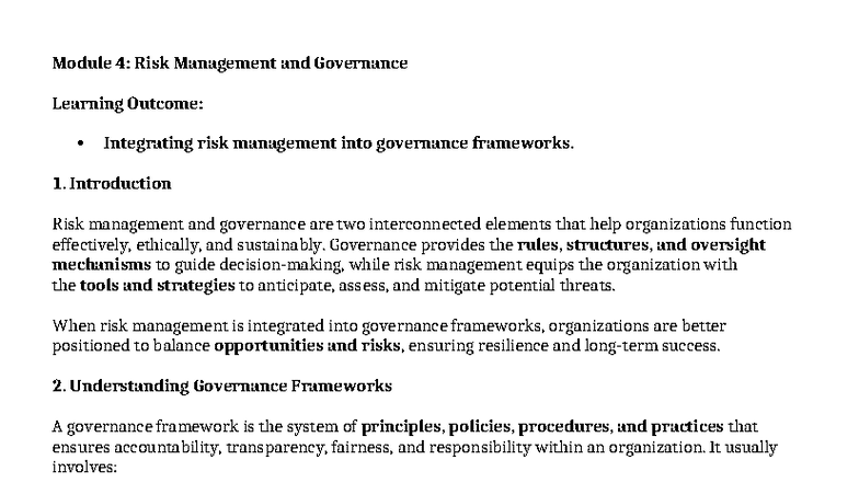 Module 4: Integrating Risk Management into Governance Frameworks - Studocu