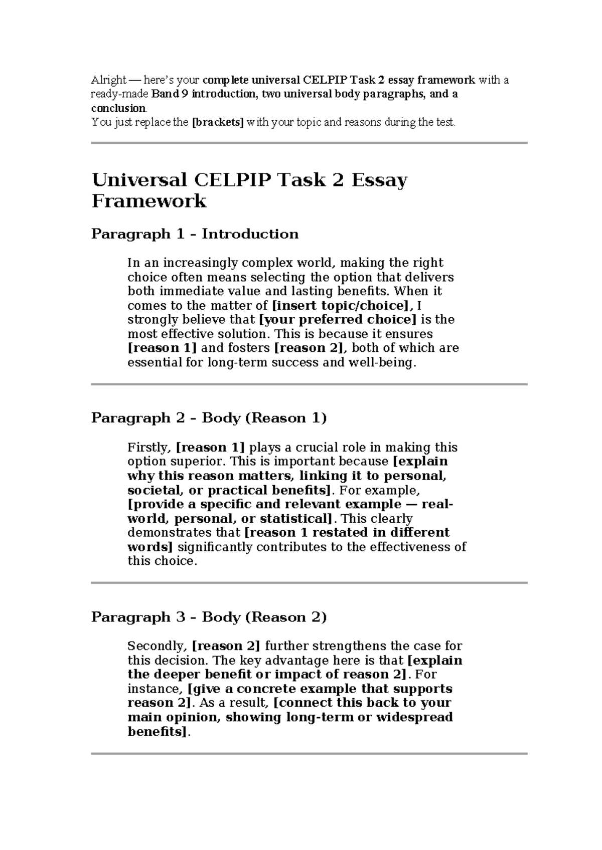 Celpip Writing Task 2 - Band 9 Essay Framework Guide - Studocu