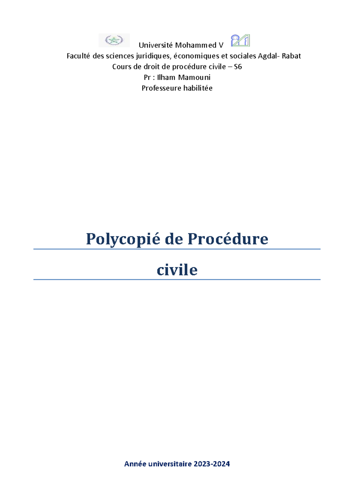 Cours de Droit de Procédure Civile S6 - Université Mohammed V - Studocu