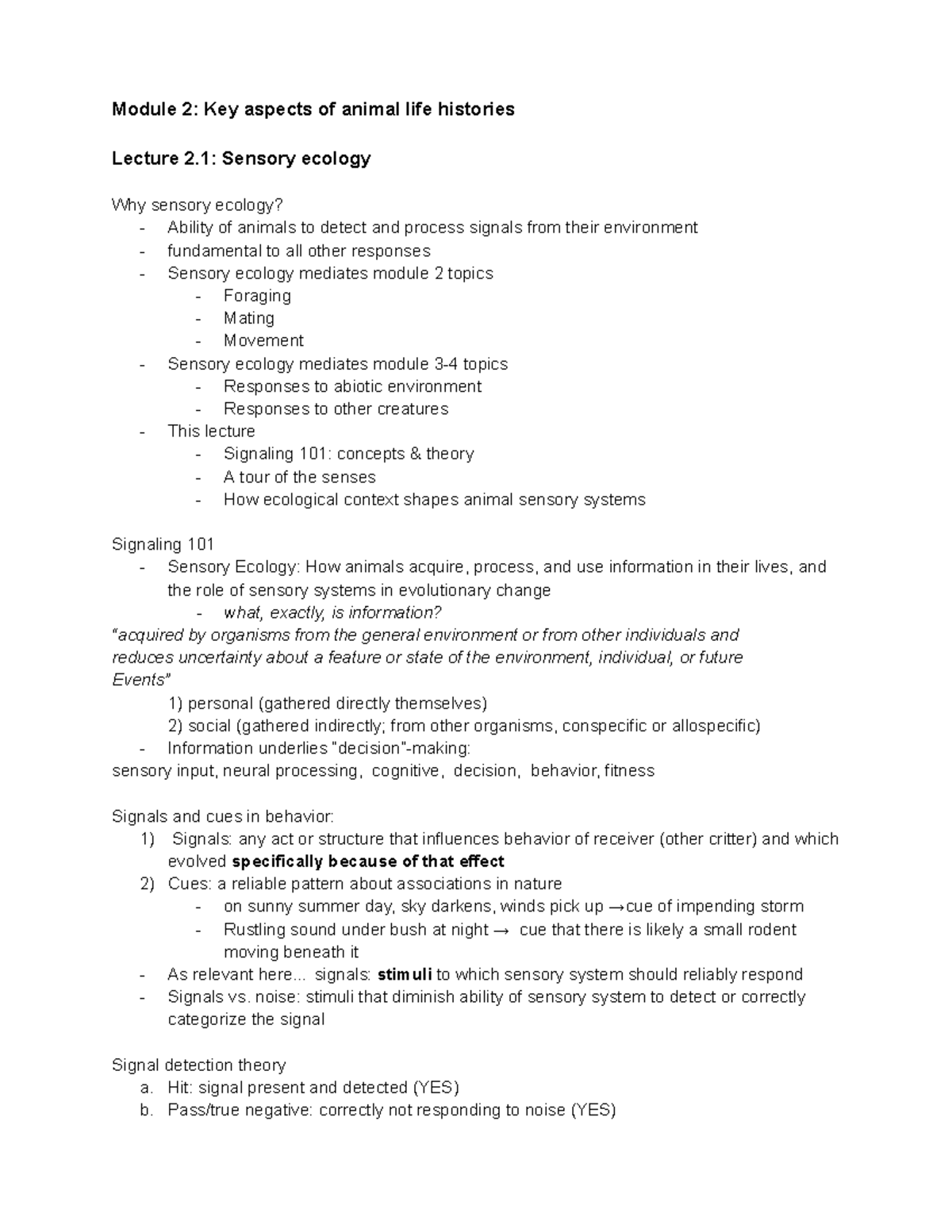 Animal Ecology 3435: Lecture 2.1 - Sensory Ecology Insights - Studocu
