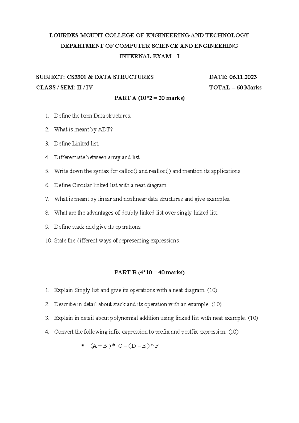 CS3301 Internal Exam 1 - Data Structures Question Paper - Studocu