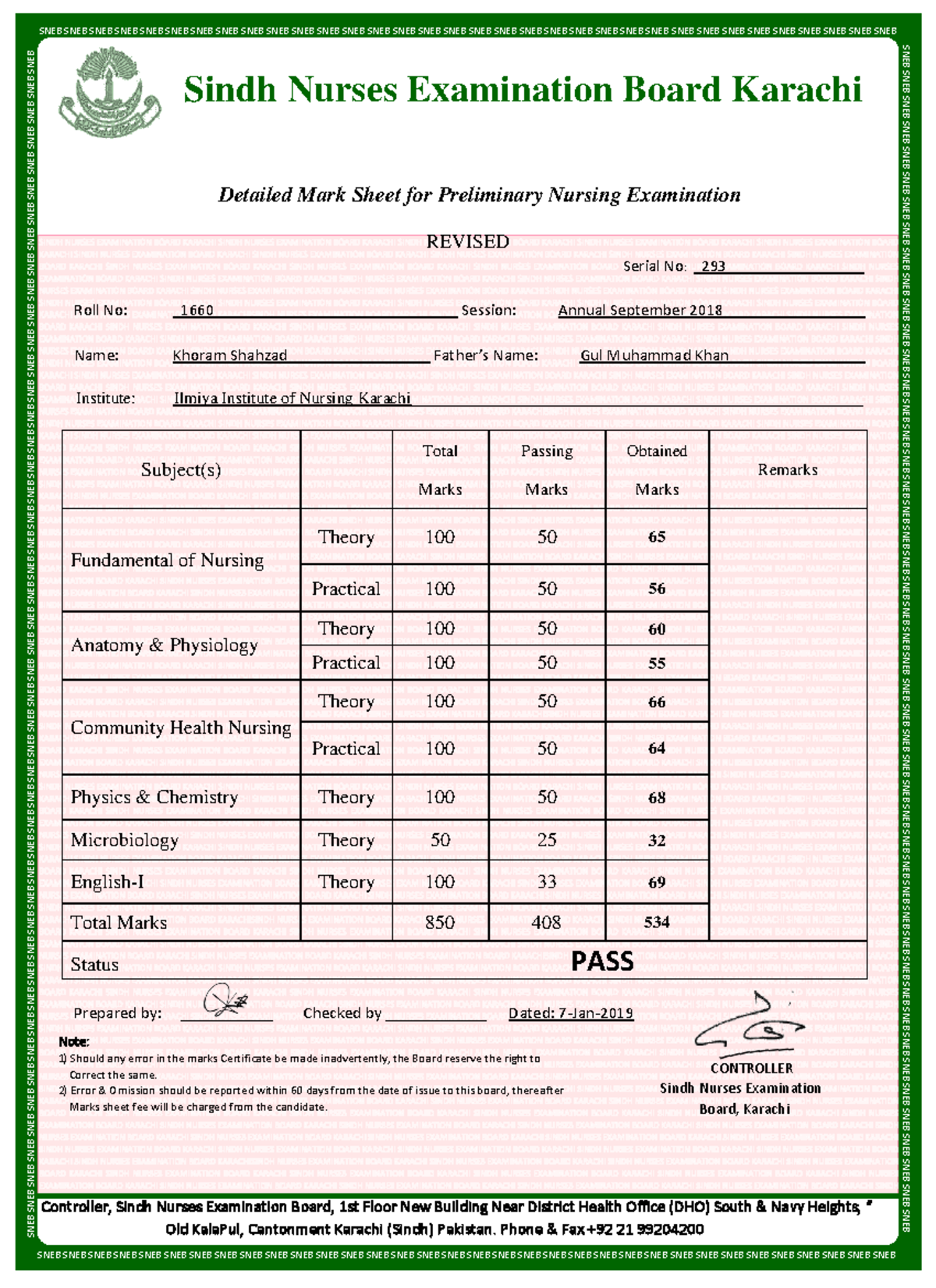 Shahzad 1st year dmc sindh - Sindh Nurses Examination Board Karachi ...