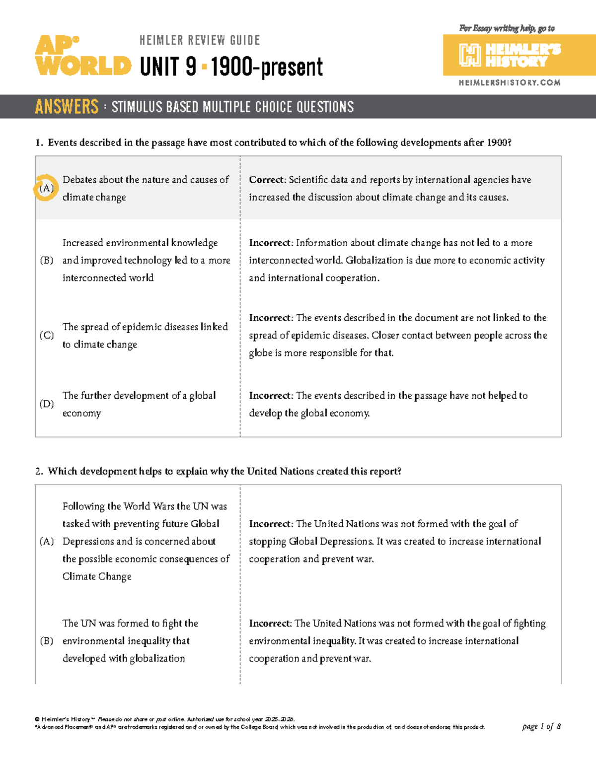 AP World HRG Unit 9 MCQ Answers: Stimulus-Based Questions Review - Studocu