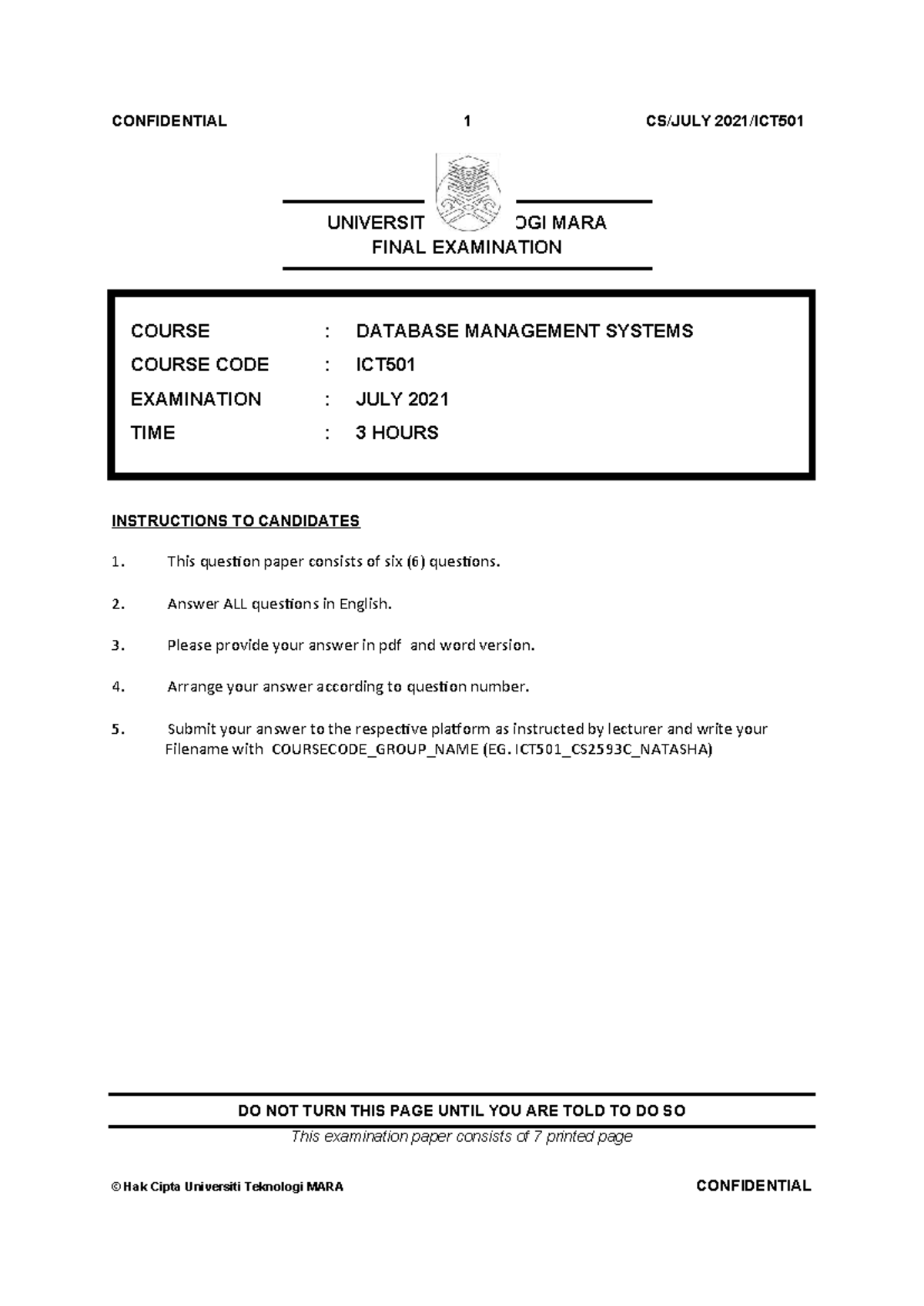 ICT501 Final Exam: Database Management Systems July 2021 Questions ...