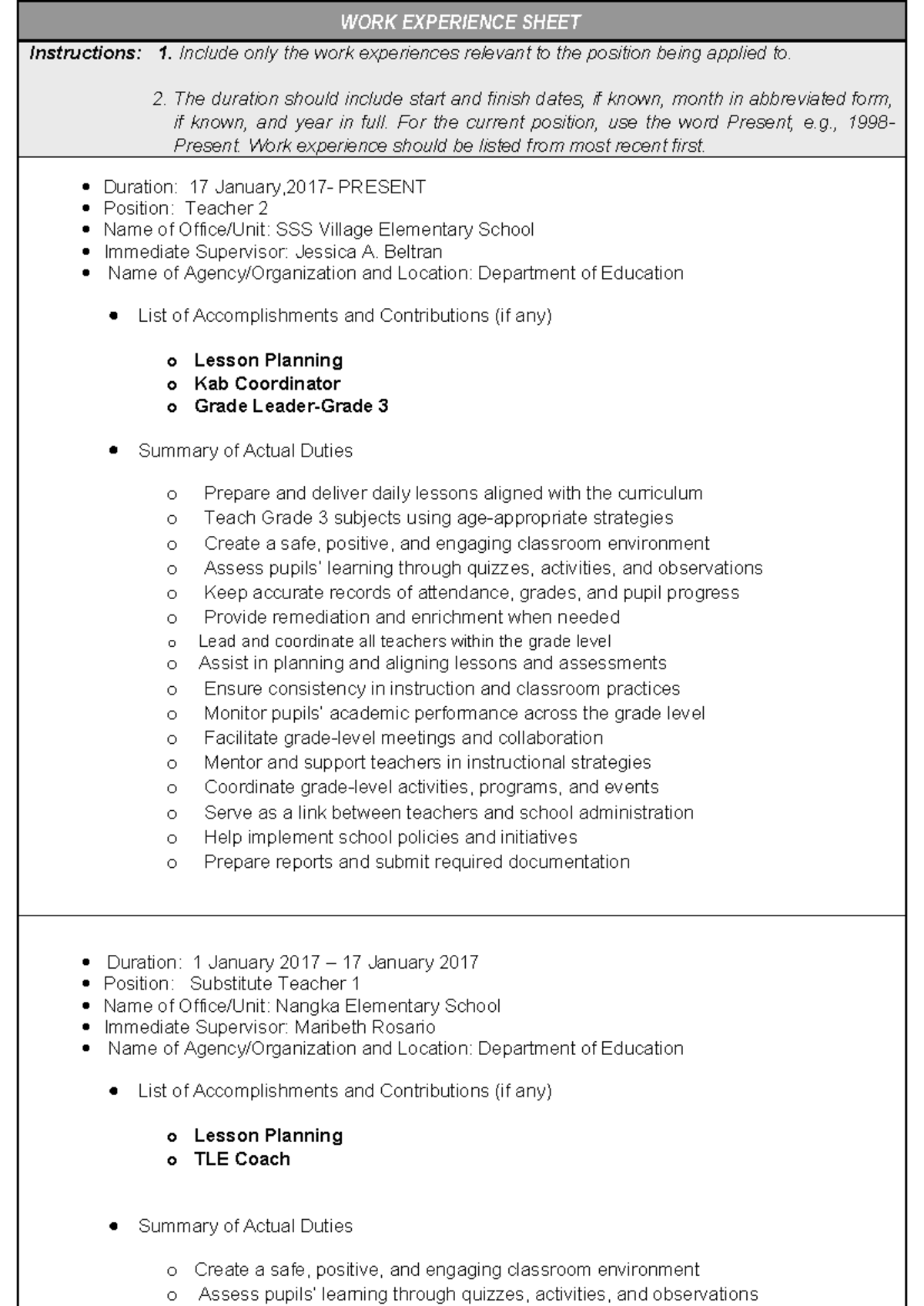 Work Experience Sheet for CS1 - Form No. 212 Attachment - Studocu