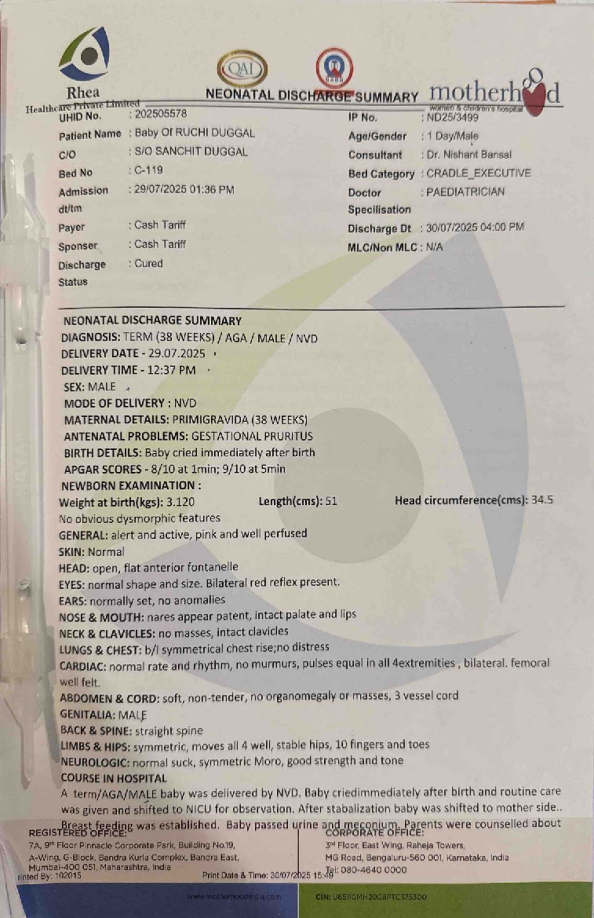 Neonatal Discharge Summary: Baby of Ruchi Duggal (IP No. 202505578 ...