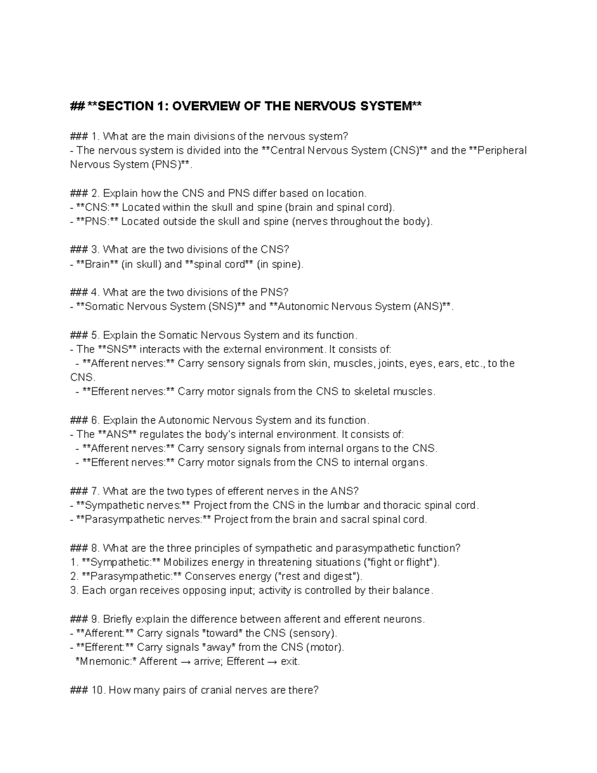 Nervous System Overview: Key Concepts & Structures (Course Code: 1 ...