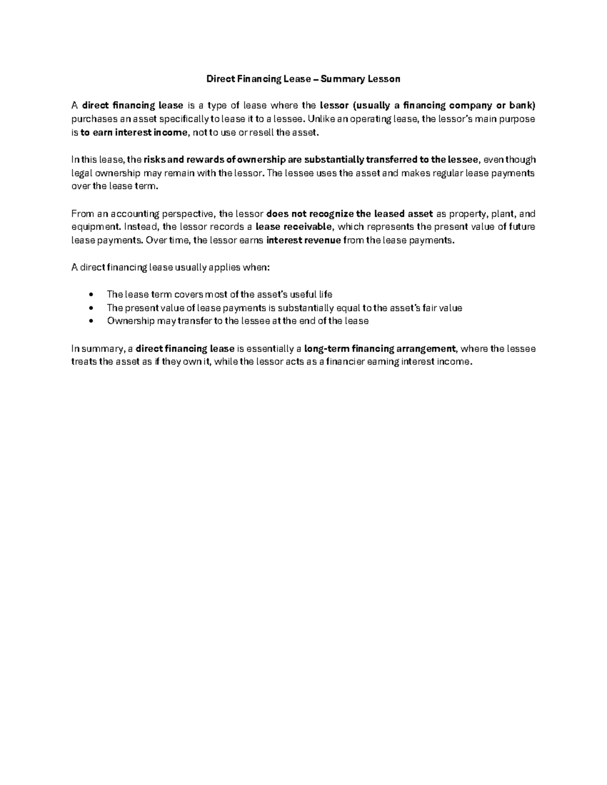 Direct Financing Lease Summary: Key Concepts and Accounting Insights ...