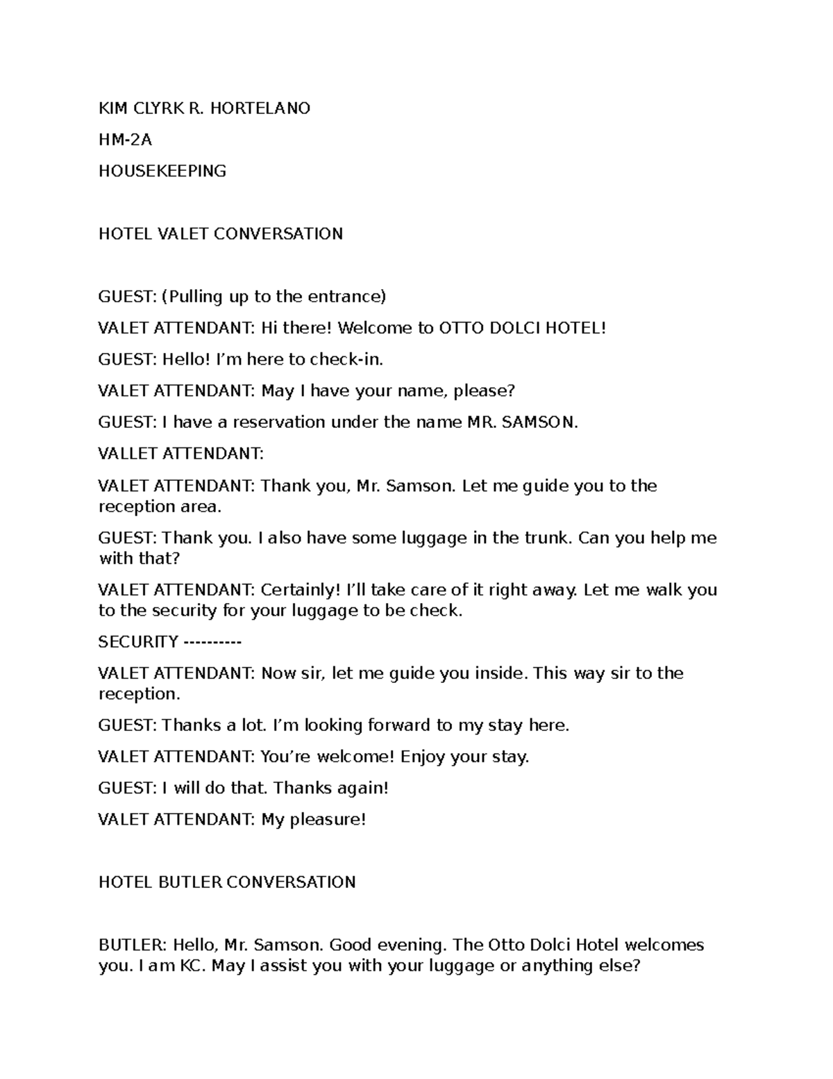 HM-2A Hotel Valet and Butler Service Script for Guest Interactions ...