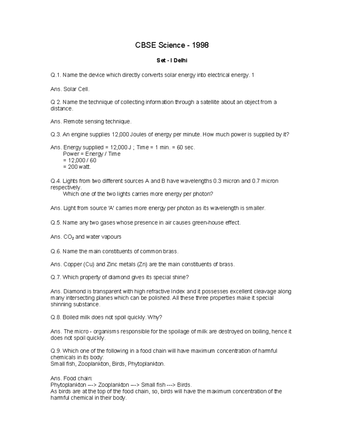 CBSE Science 1998 Set I - Key Concepts and Answers - Studocu