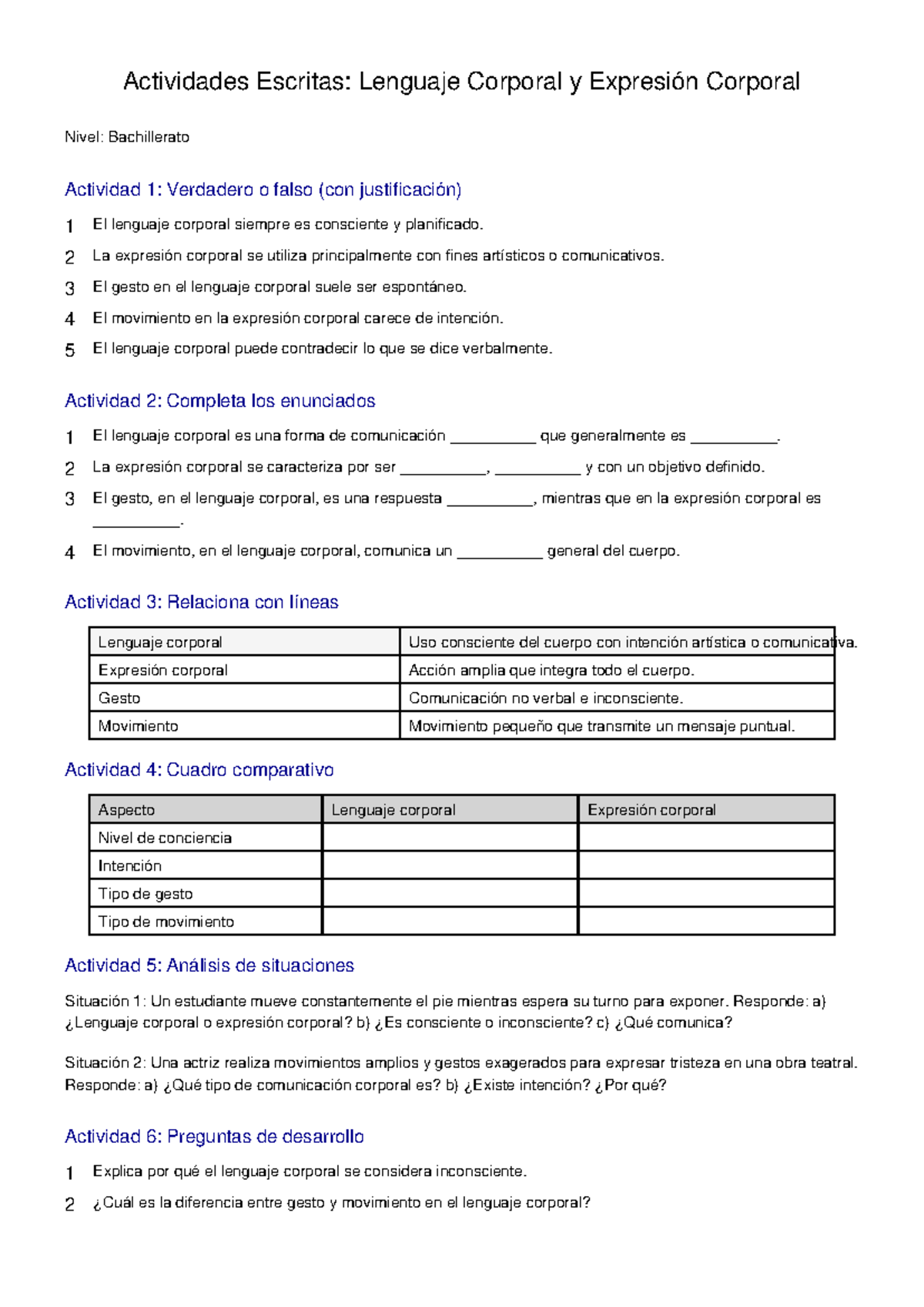 Actividades de Lenguaje y Expresión Corporal - Bachillerato - Studocu