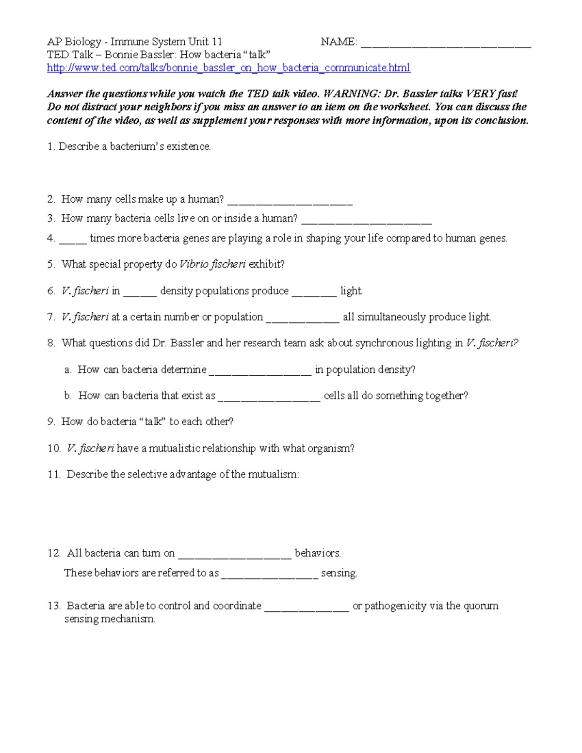 AP Biology Unit 11: Quorum Sensing TED Talk Worksheet - Studocu
