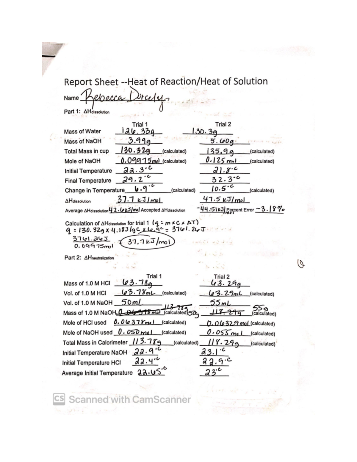 Heat of Reaction - chem - Report Sheet Heat of of Solution Name Rebecca ...