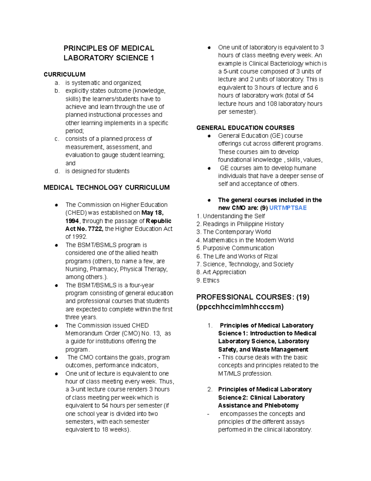 PMLS - Principles of Medical Laboratory Science Curriculum Overview ...