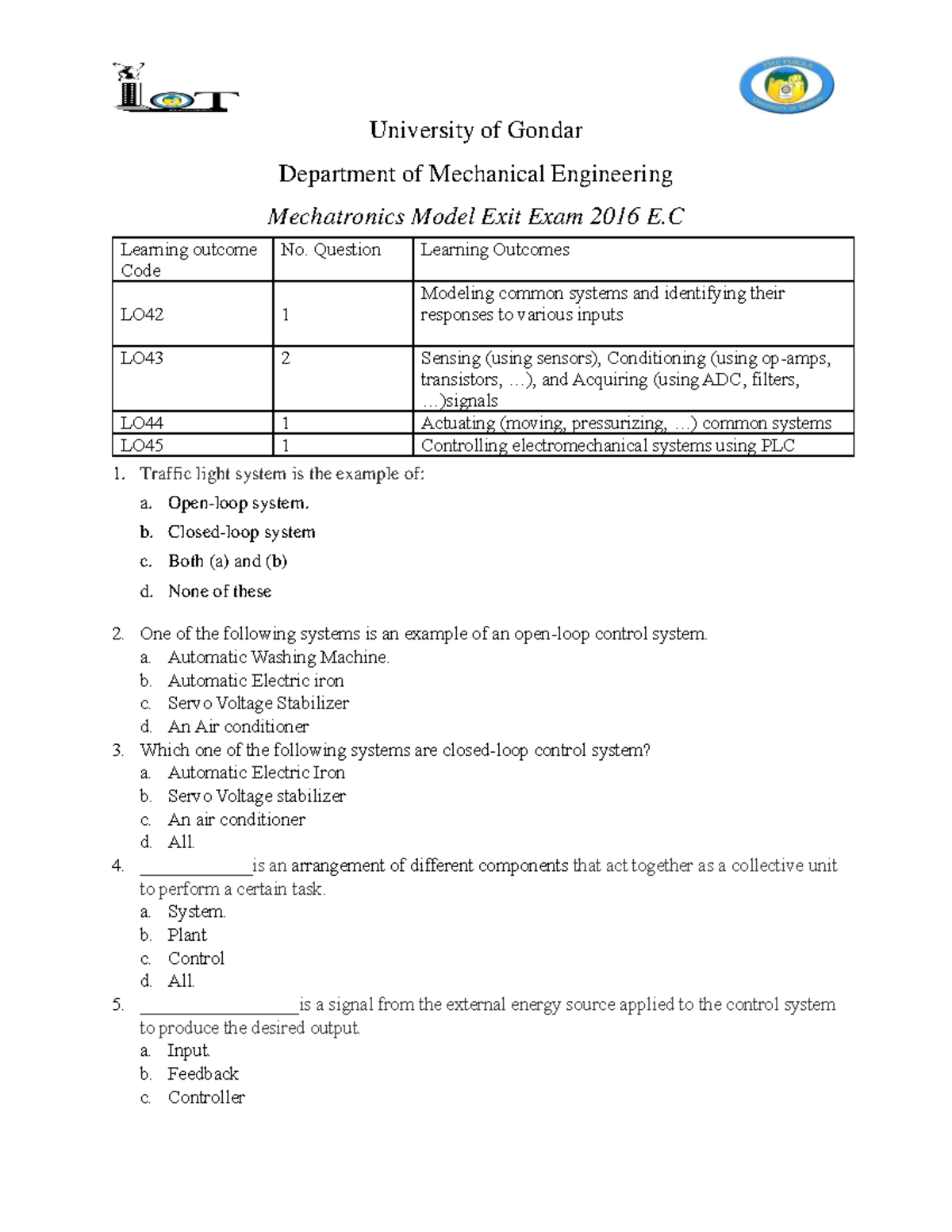 Mechatronics Model Exit Exam 2016 E.C for Mechanical Eng. Students ...