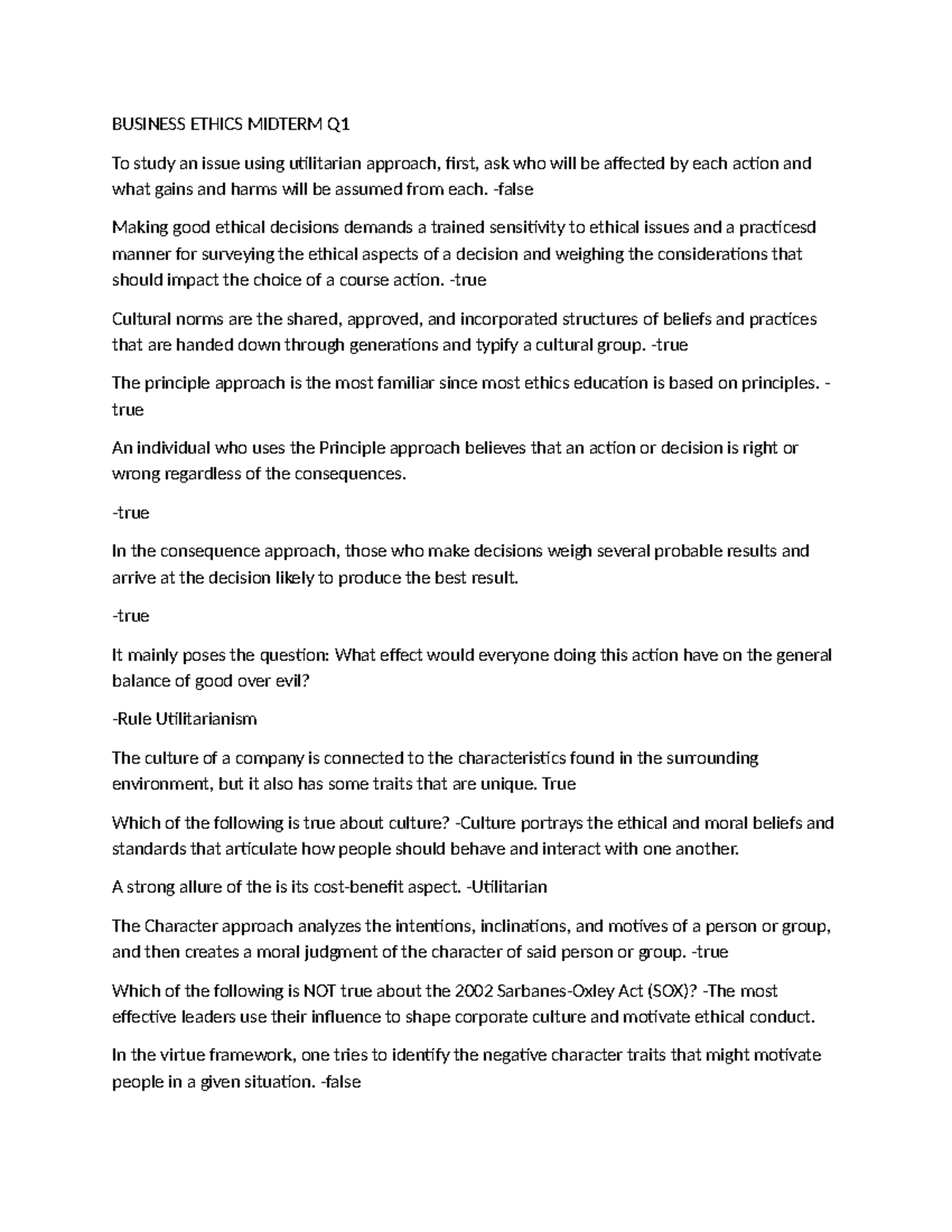 Business Ethics (BUS 101) Midterm Exam Q1 Study Guide - Studocu