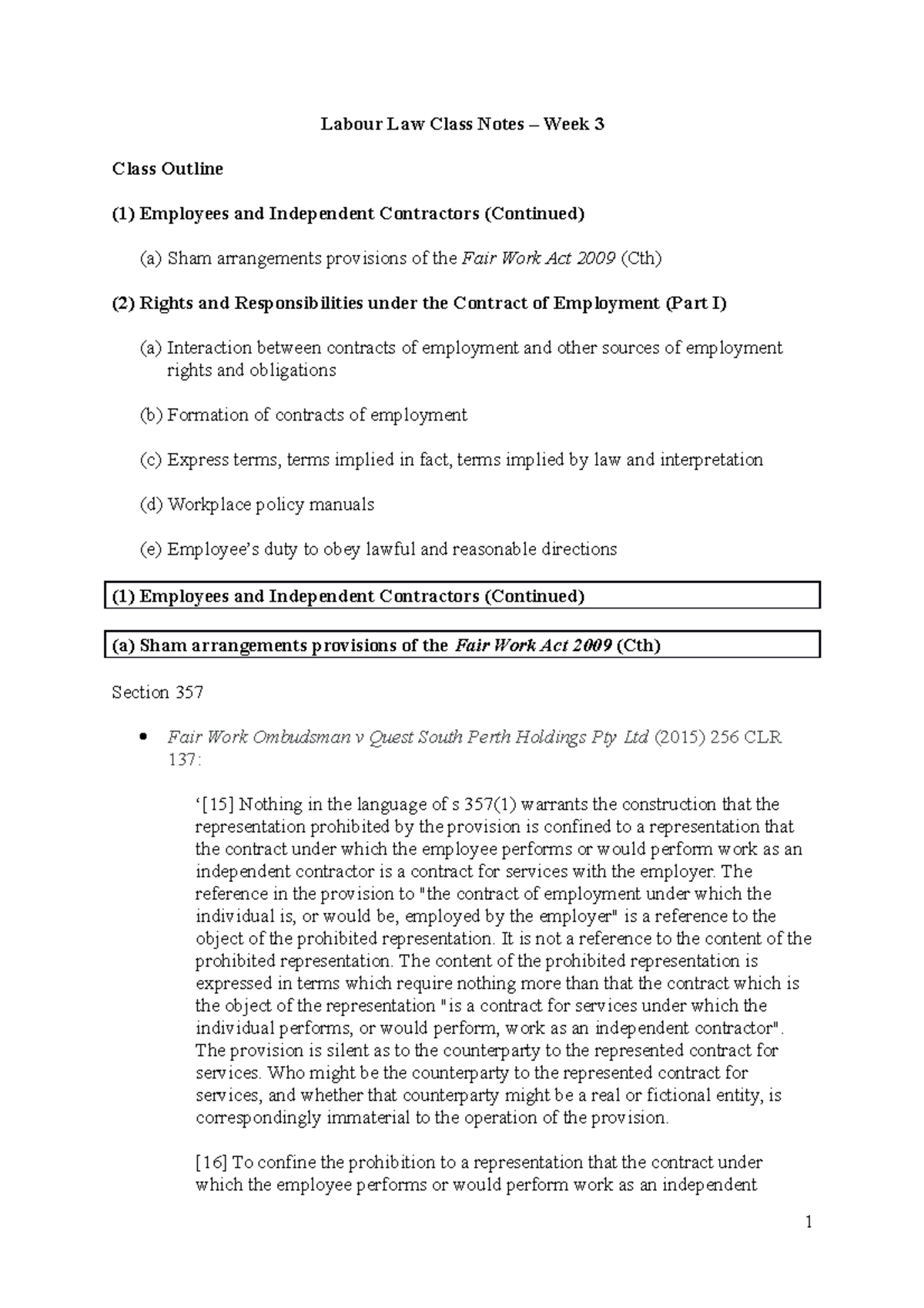 Labour Law Class Notes - Week 3 - The reference in the provision to ...