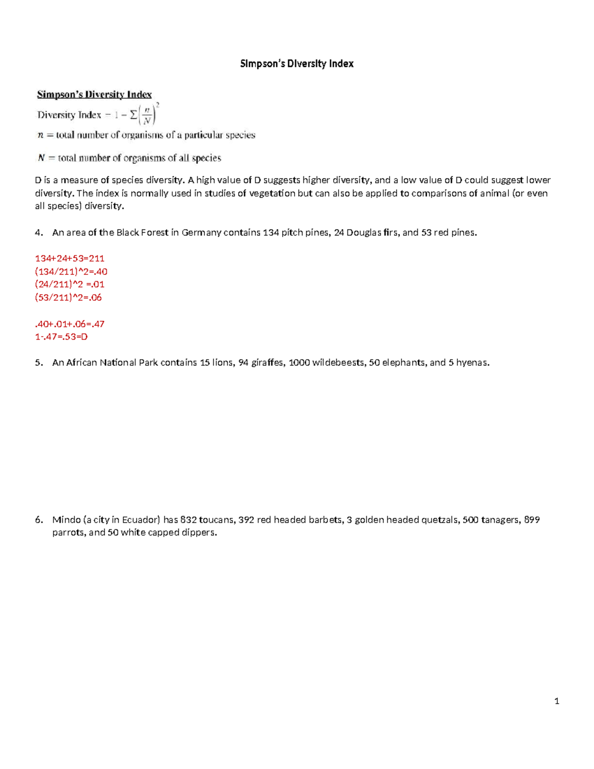 Simpson's Diversity Index Practice Problems for Biology 101 - Studocu