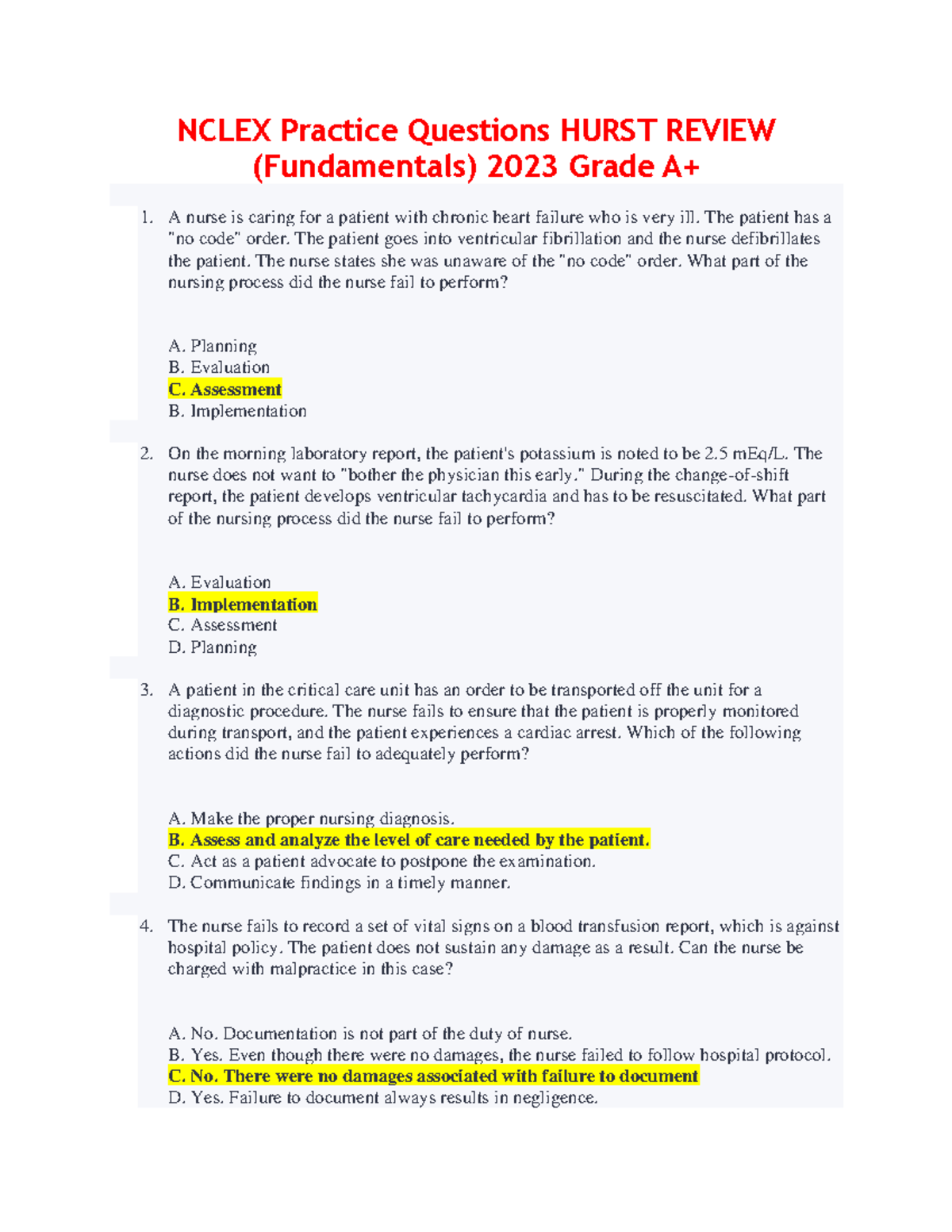 NCLEX Practice Questions: HURST REVIEW (Fundamentals) 2023 A+ - Studocu