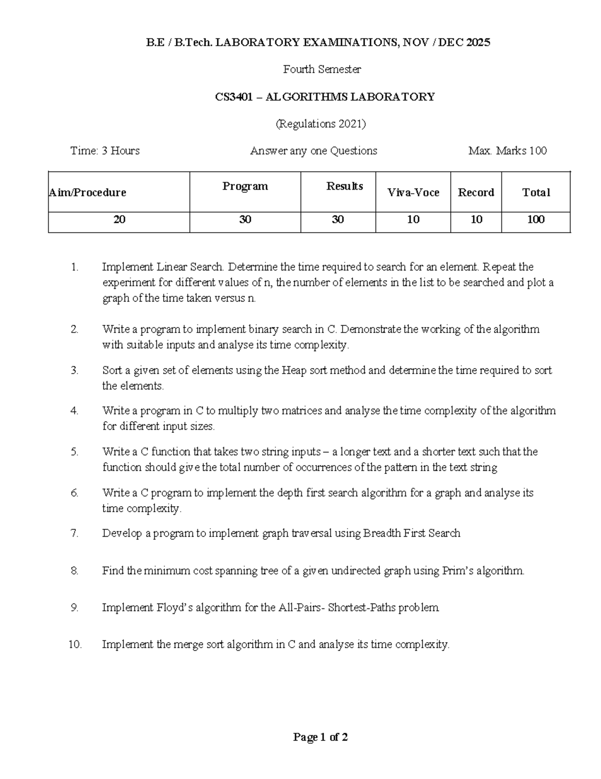 CS3401 ALGORITHMS LAB - LAB EXAM QUESTIONS & PROGRAMS - Studocu