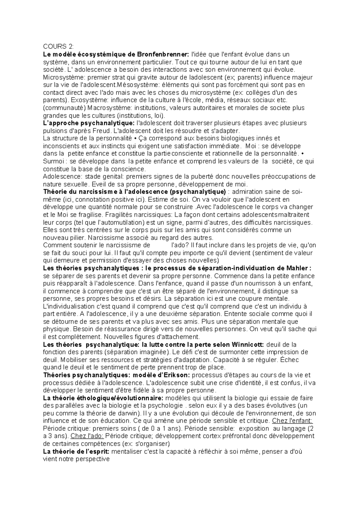 Notes cours 2 - COURS 2: Le modèle écosystémique de Bronfenbrenner: l ...