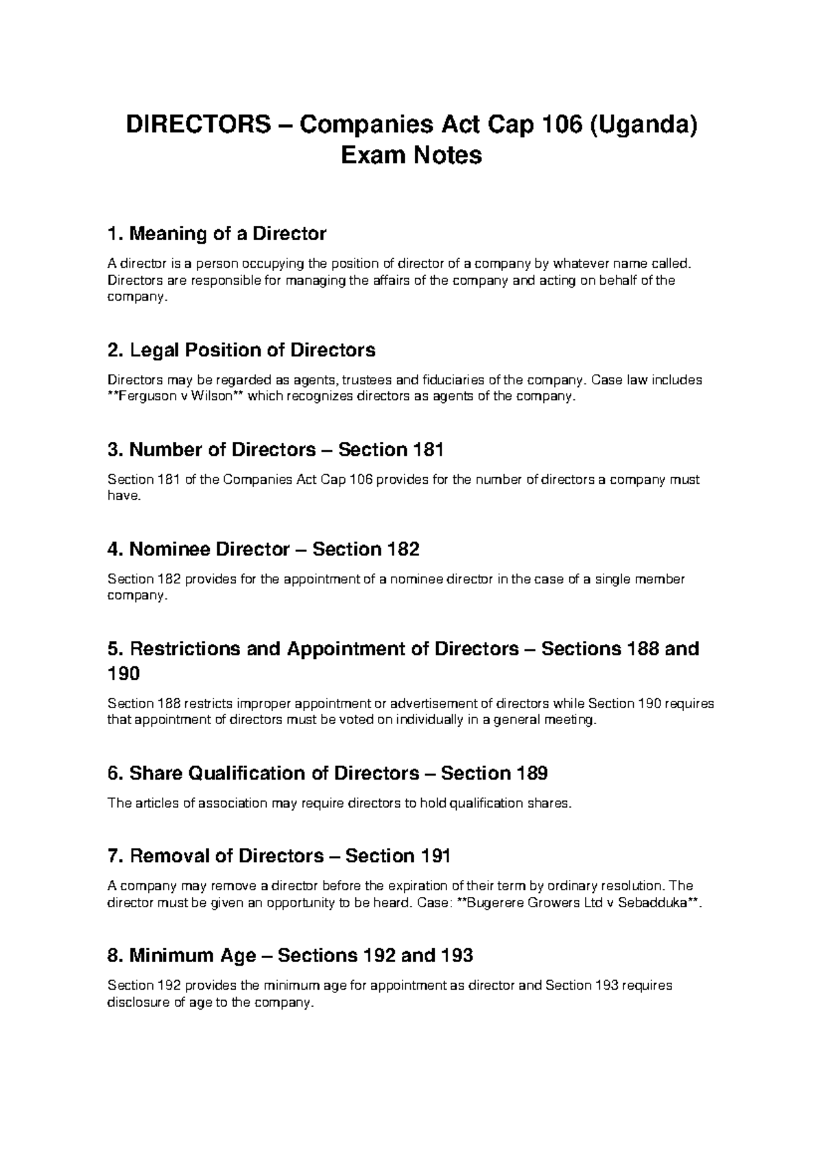Directors Notes on Companies Act Cap 106: Key Sections Explained - Studocu