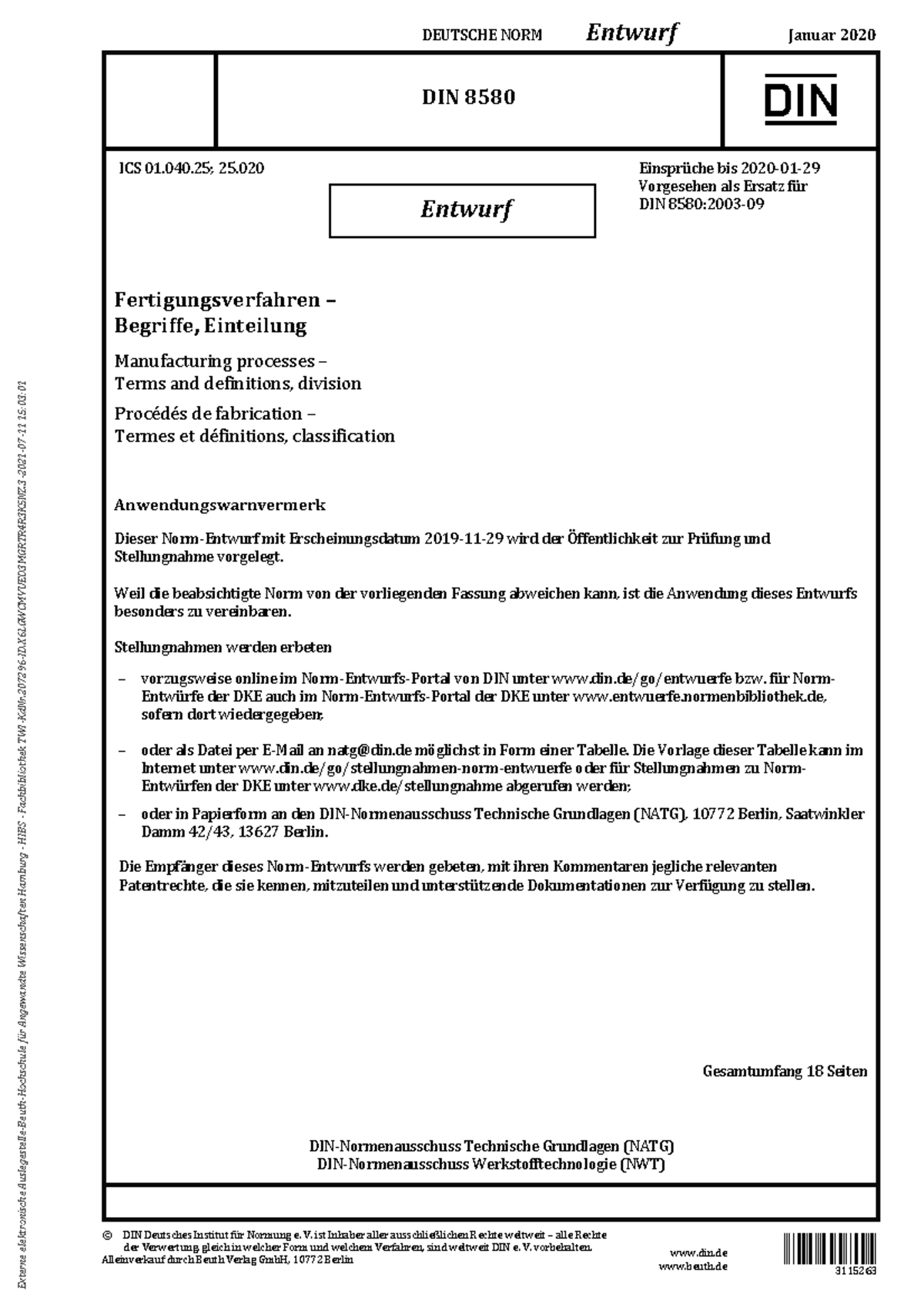 DIN 8580 - Fertigungstechnik: Begriffe und Einteilung von Prozessen ...