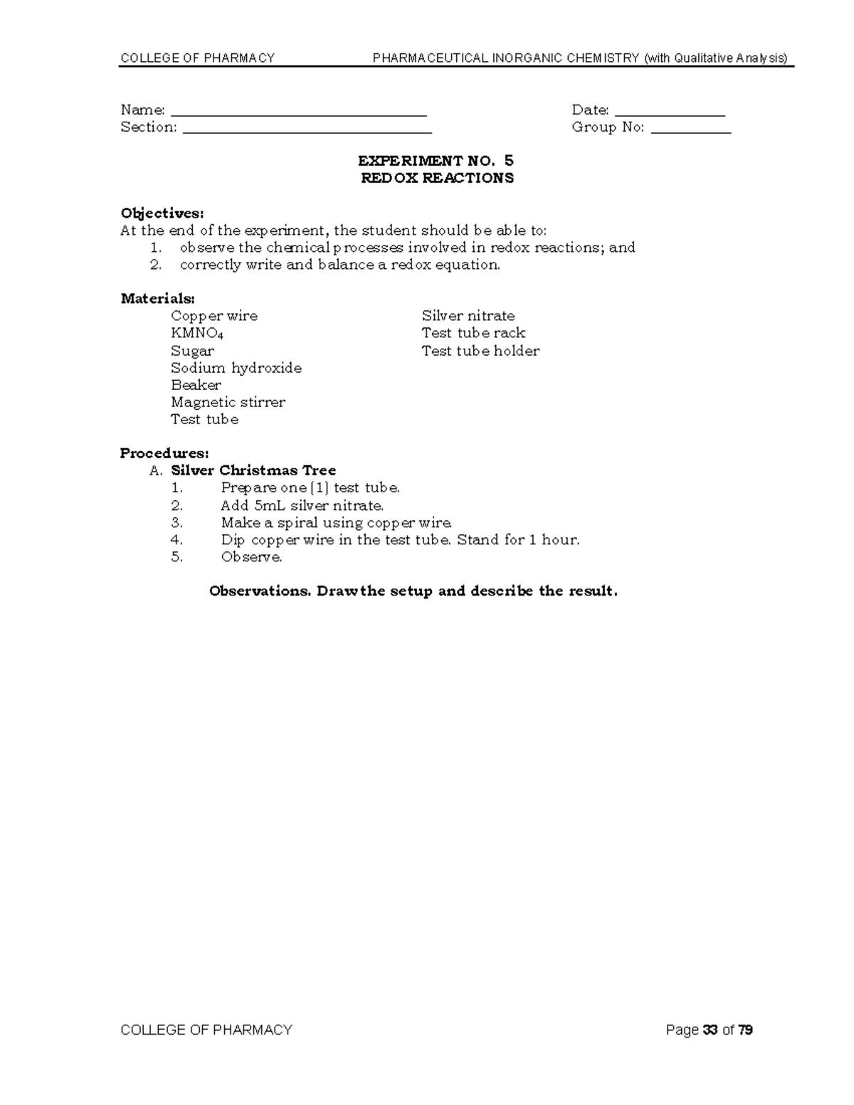 PCQA111 Midterm Lab Manual: Inorganic Chemistry Experiments - Studocu
