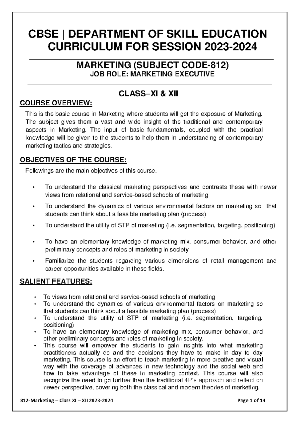 Marketing Curriculum Overview for Class XI & XII (812) - 2023-2024 ...