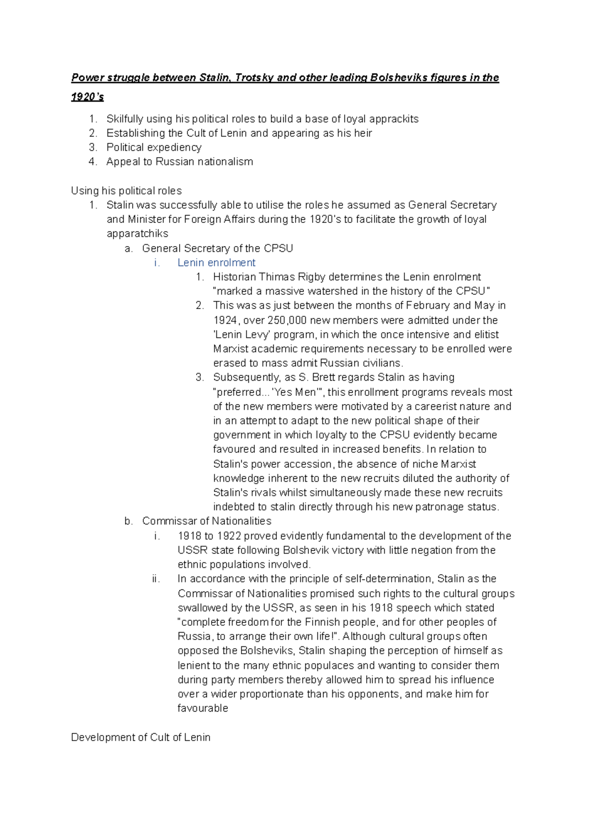 USSR History Essay Plans - Stalin's Ascendancy in the 1920s - Studocu
