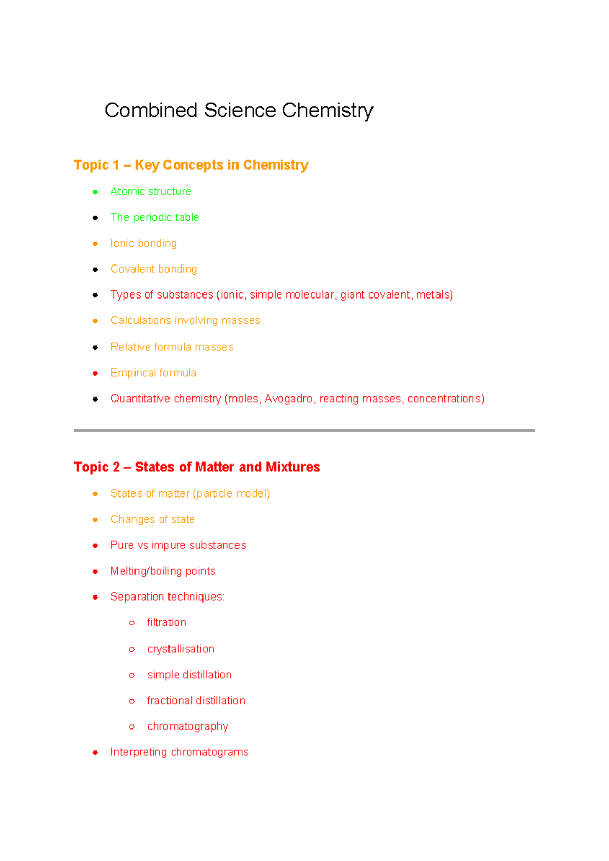 Combined Science Chemistry (CS101) Key Concepts & Topics Overview - Studocu