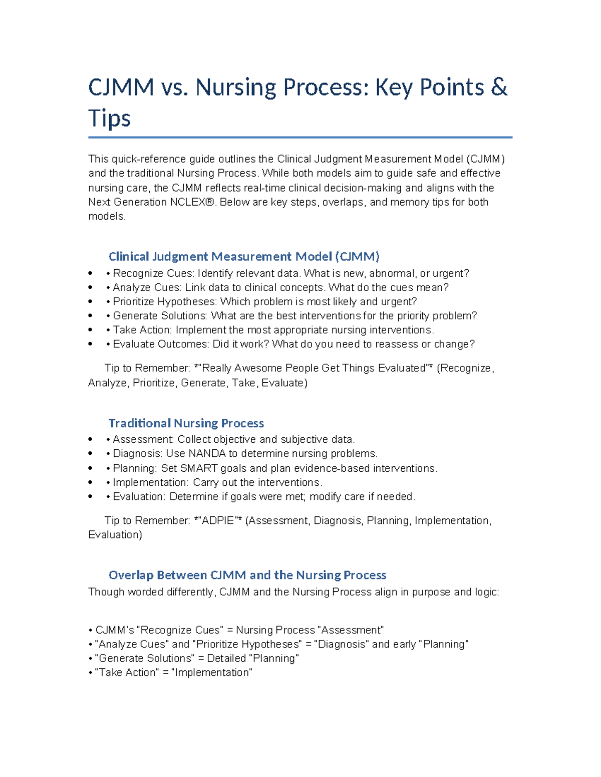 CJMM vs Nursing Process: Key Points & Tips for Nursing Care - Studocu