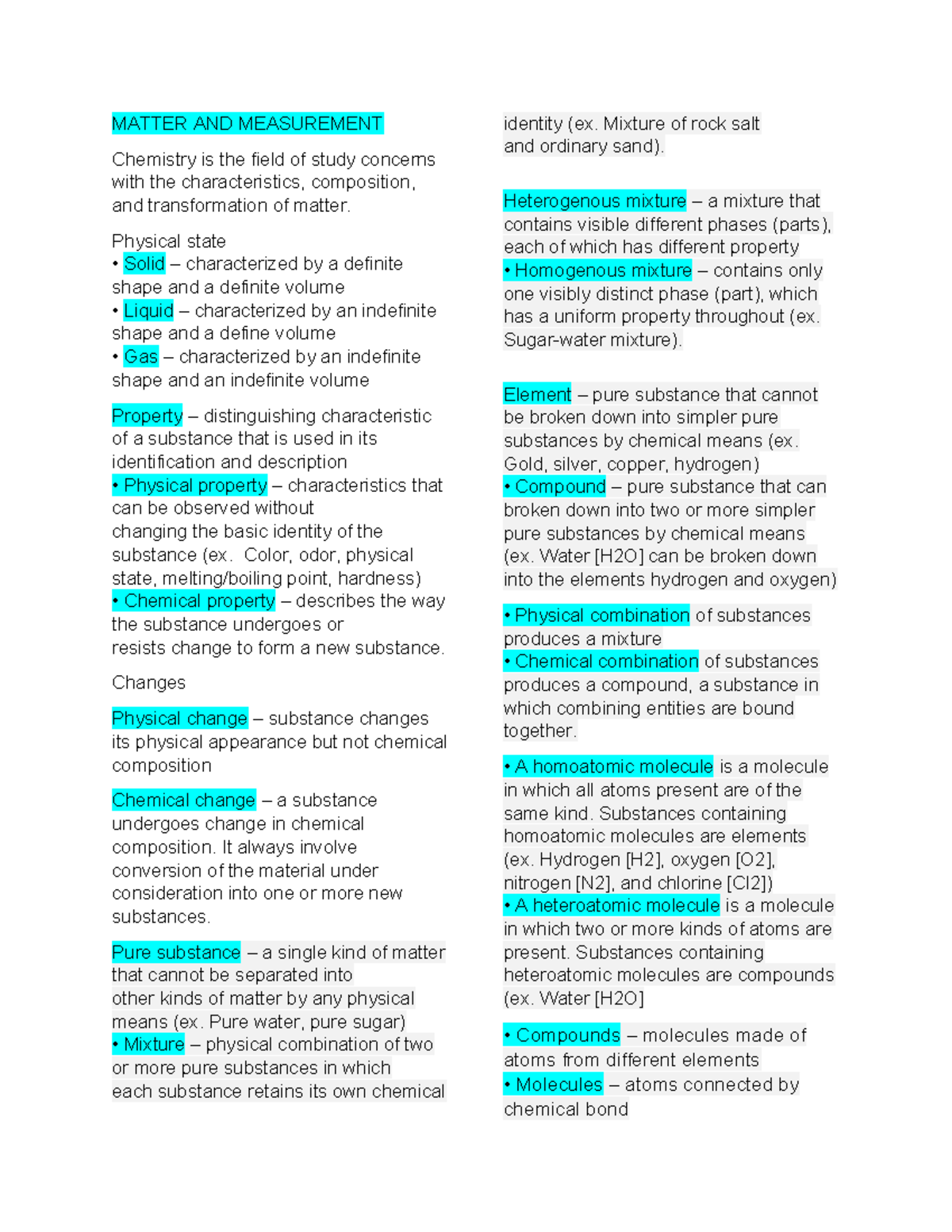 CHEM-111 - Matter & Measurement - Key Concepts and Definitions - Studocu