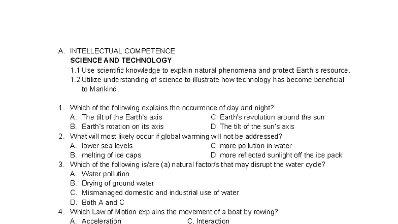 Science and Technology Quiz: Understanding Natural Phenomena (ST101 ...