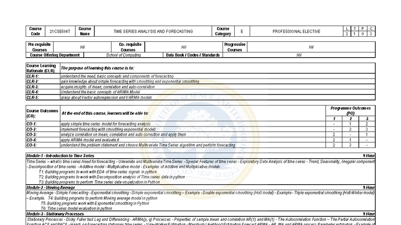 21CSE584T Time Series Analysis & Forecasting Course Overview - Studocu