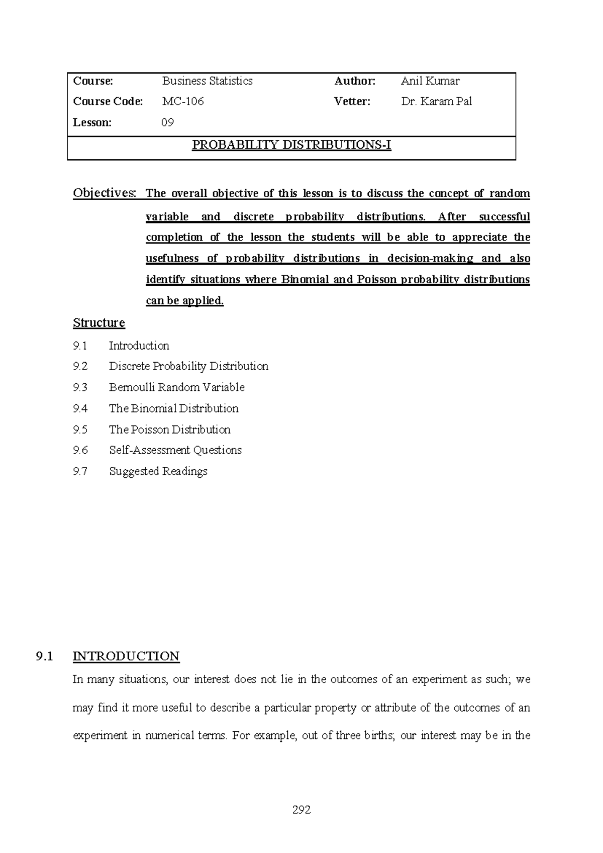 Business Statistics (Course Code: VETTER) - Lesson 09: Probability ...