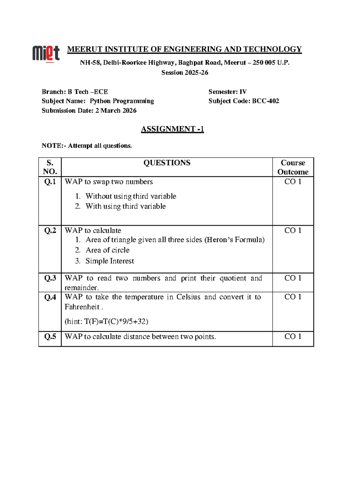 Python Programming Assignment 1 - B Tech Semester IV - Studocu