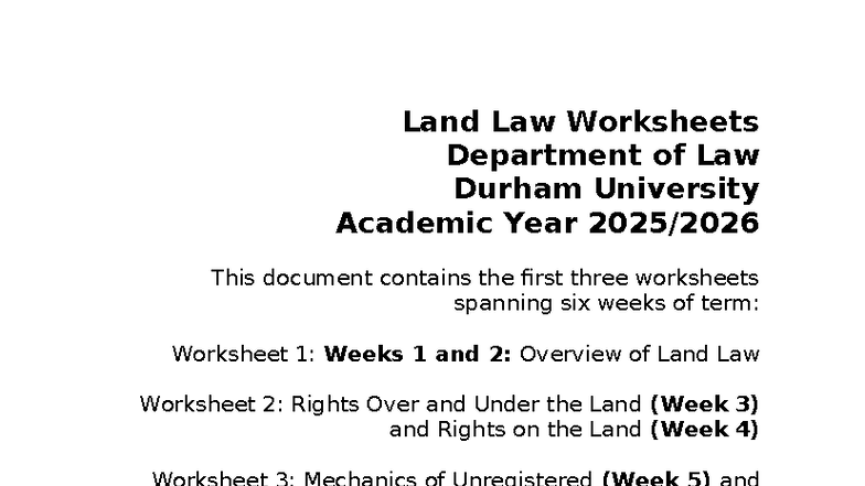 Land Law Worksheets 2526: Overview & Key Concepts (Weeks 1-2) - Studocu