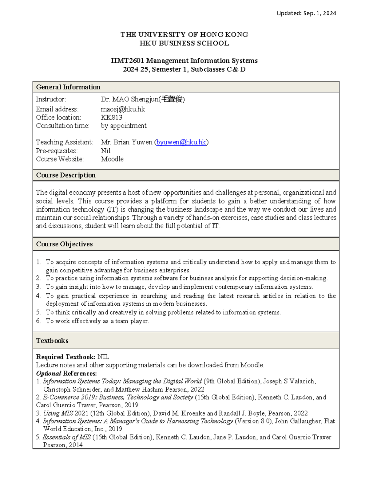 IIMT2601 Management Information Systems CD 2024-25 Course Outline - Studocu