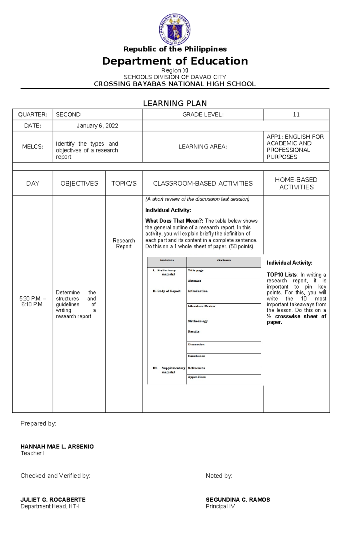 LP for January 6: Research Report Activities - APP1 Grade 11 - Studocu
