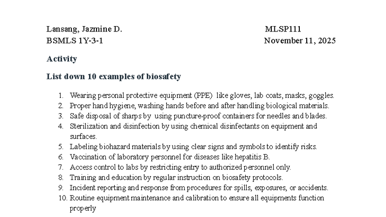 Biosafety and Biosecurity Practices - BSMLS 1Y-3-1 - Studocu